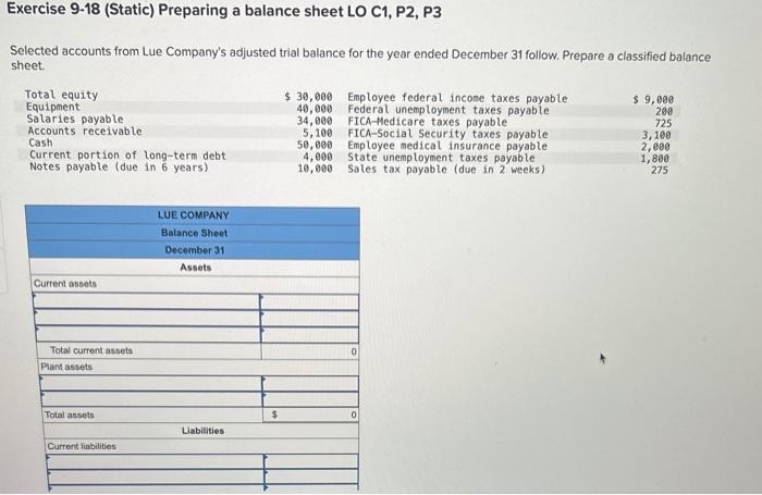 Solved Exercise 9-18 (Static) Preparing a balance sheet LO | Chegg.com