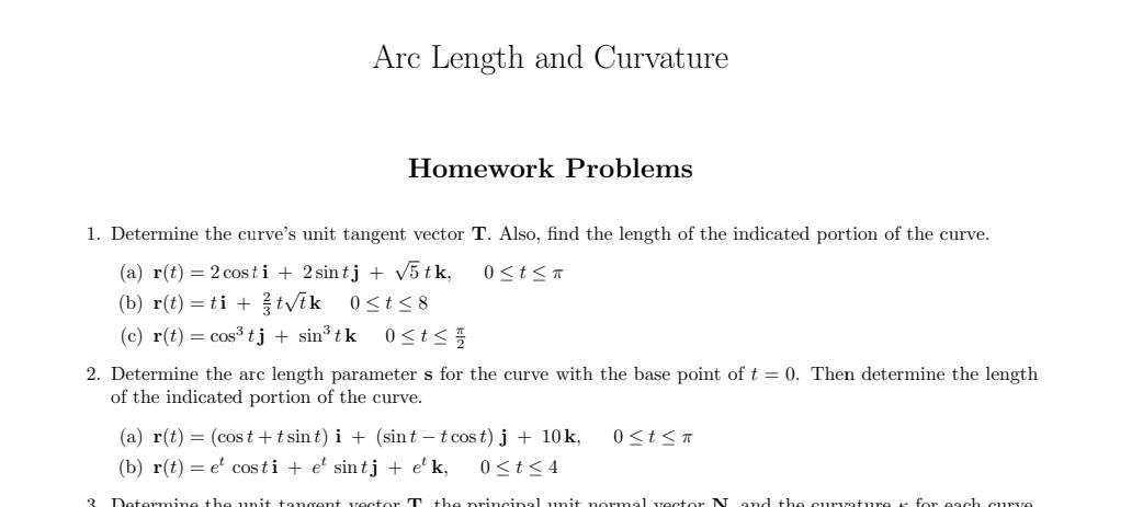 Solved Arc Length and Curvature Homework Problems 1. | Chegg.com