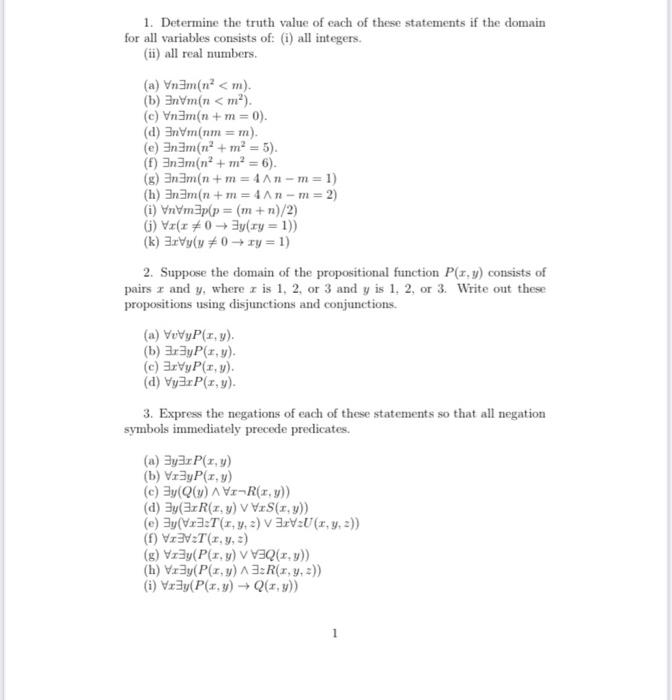 Solved 1. Determine the truth value of each of these | Chegg.com