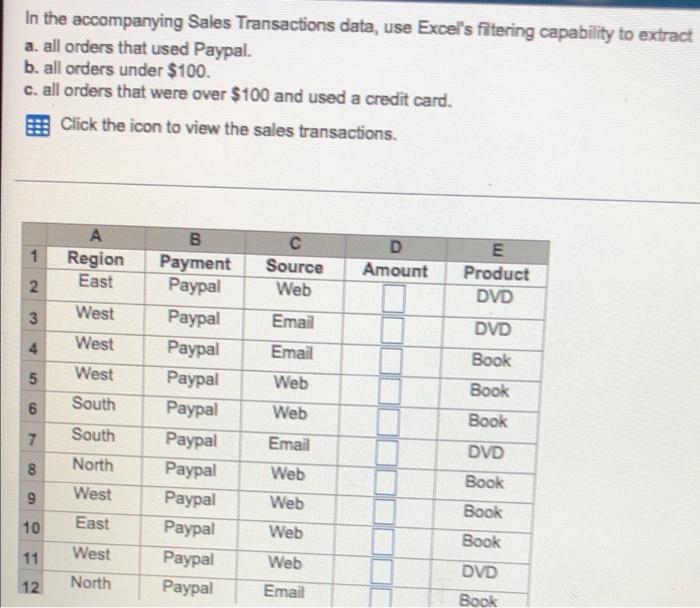 Solved In the accompanying Sales Transactions data, use | Chegg.com