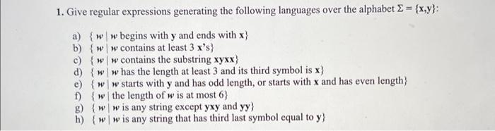 Solved 1. Give regular expressions generating the following | Chegg.com