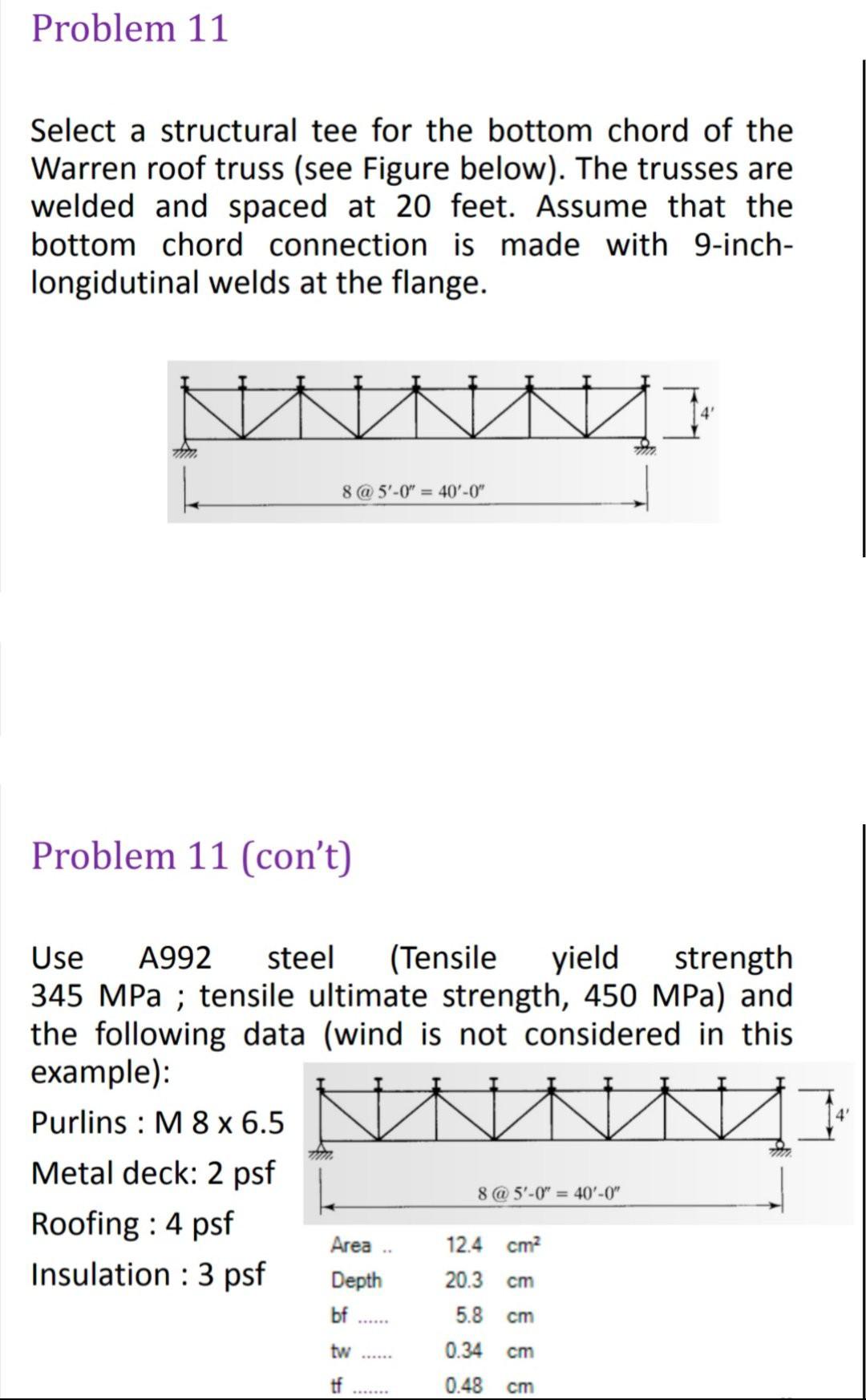 Solved Problem 11 Select a structural tee for the bottom | Chegg.com