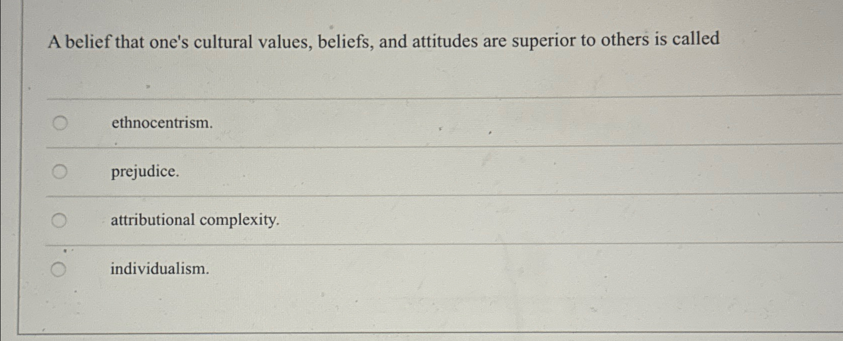 Solved A belief that one's cultural values, beliefs, and | Chegg.com