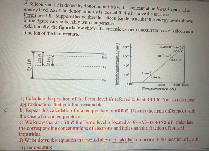 Solved A Silicon sample is doped by donor impurities with a | Chegg.com