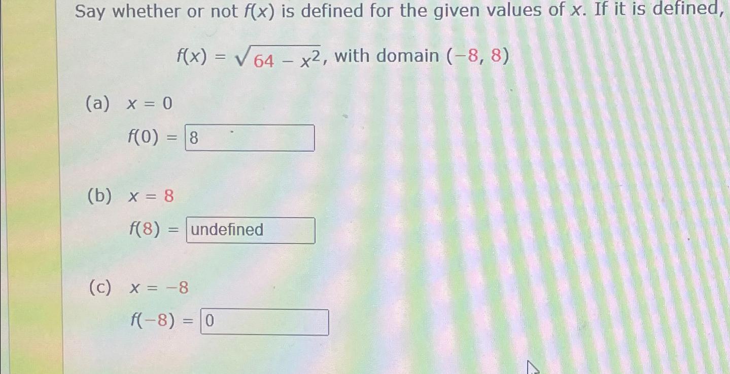 Solved Say whether or not f(x) is defined for the given | Chegg.com