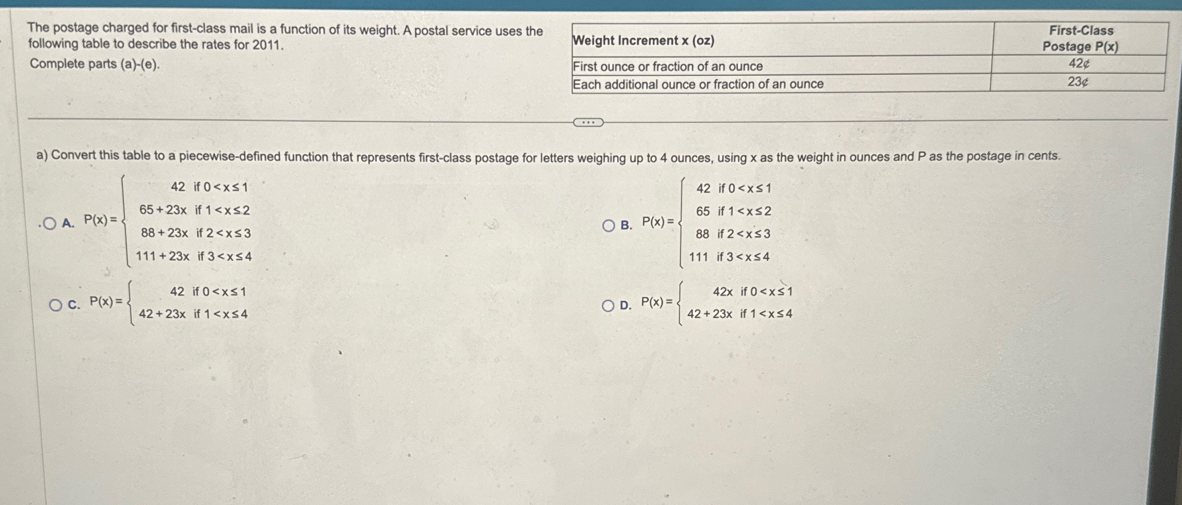 Solved The postage charged for first-class mail is a | Chegg.com
