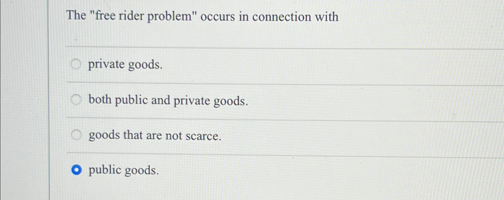 Solved The "free rider problem" occurs in connection | Chegg.com