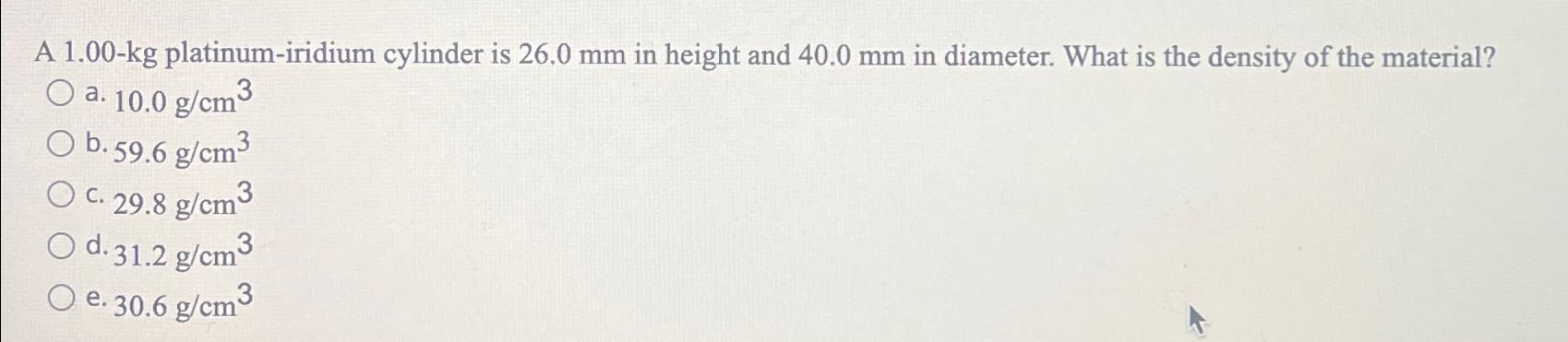 Solved A 1.00-kg platinum-iridium cylinder is 26.0mm ﻿in | Chegg.com