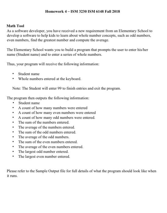 Solved Homework 4 - ISM 3230 ISM 6148 Fall 2018 Math Tool As | Chegg.com