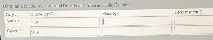 Data Table 5: Volume, Mass, and Density of Marble and | Chegg.com