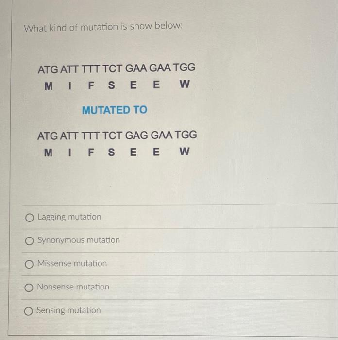 Solved What kind of mutation is show below: ATG ATT TIT TCT | Chegg.com Solved What kind of mutation is show below: ATG ATT TIT TCT | Chegg.com