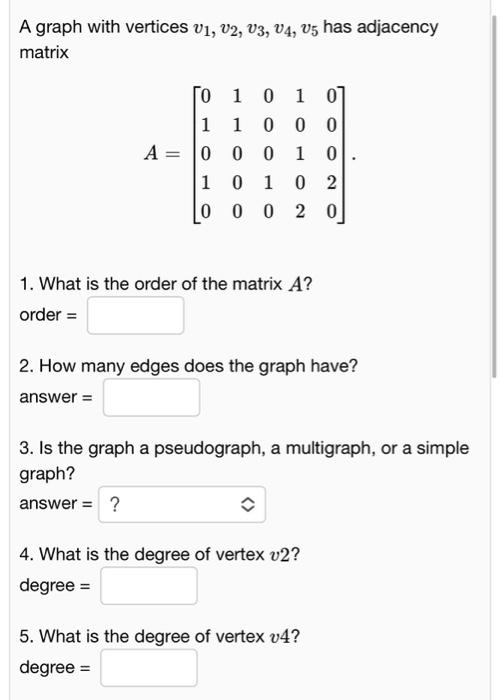 Solved A graph with vertices V1, V2, V3, v4, v5 has | Chegg.com