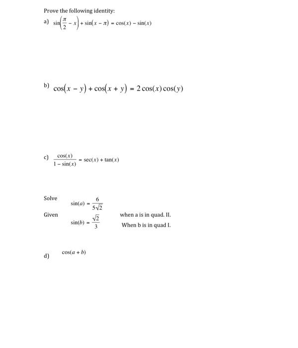 Solved Prove the following identity: a) | Chegg.com