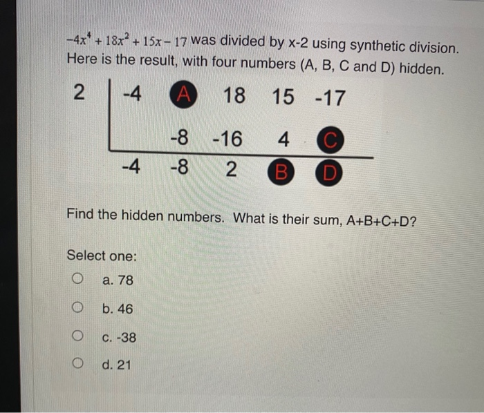 Solved -4x* + 18x° +15x-17 was divided by X-2 using | Chegg.com