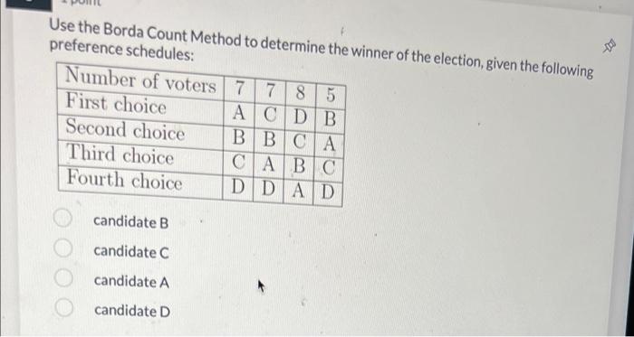 Solved Use the Borda Count Method to determine the winner of | Chegg.com