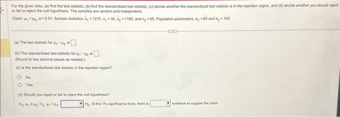 Solved For the given data, (a) find the test tuatistic, (b) | Chegg.com
