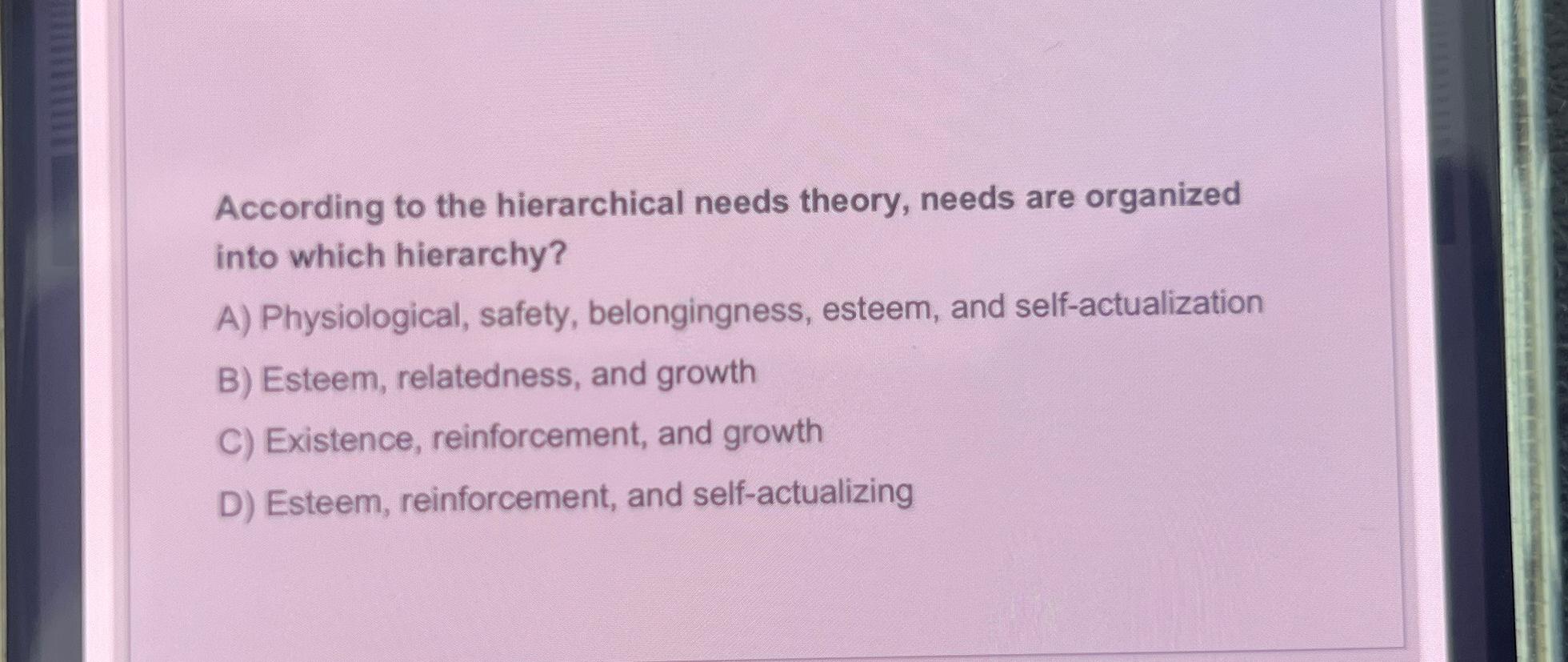 Solved According to the hierarchical needs theory, needs are | Chegg.com