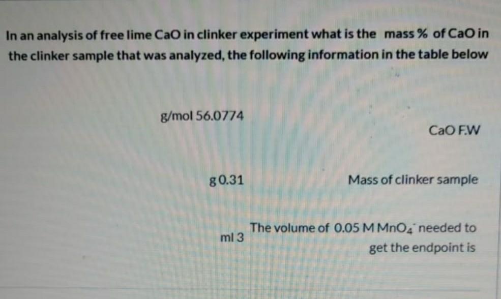 Solved In an analysis of free lime CaO in clinker experiment | Chegg.com