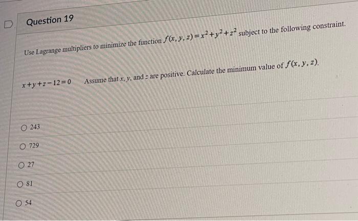 Solved Use Lagrange multipliers to minimize the function | Chegg.com