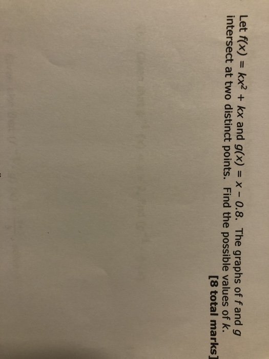 Solved Let f(x) = kx2 + kx and g(x) = x - 0.8. The graphs of | Chegg.com
