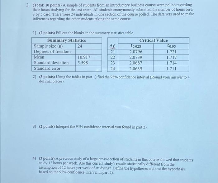 Solved 2. (Total: 10 points) A sample of students from an | Chegg.com
