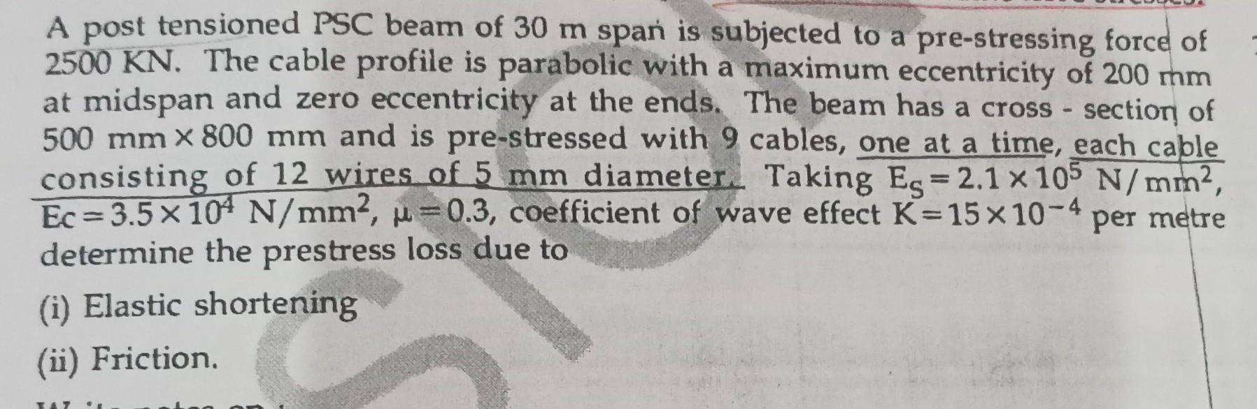 Solved A post tensioned PSC beam of 30 m span is subjected | Chegg.com