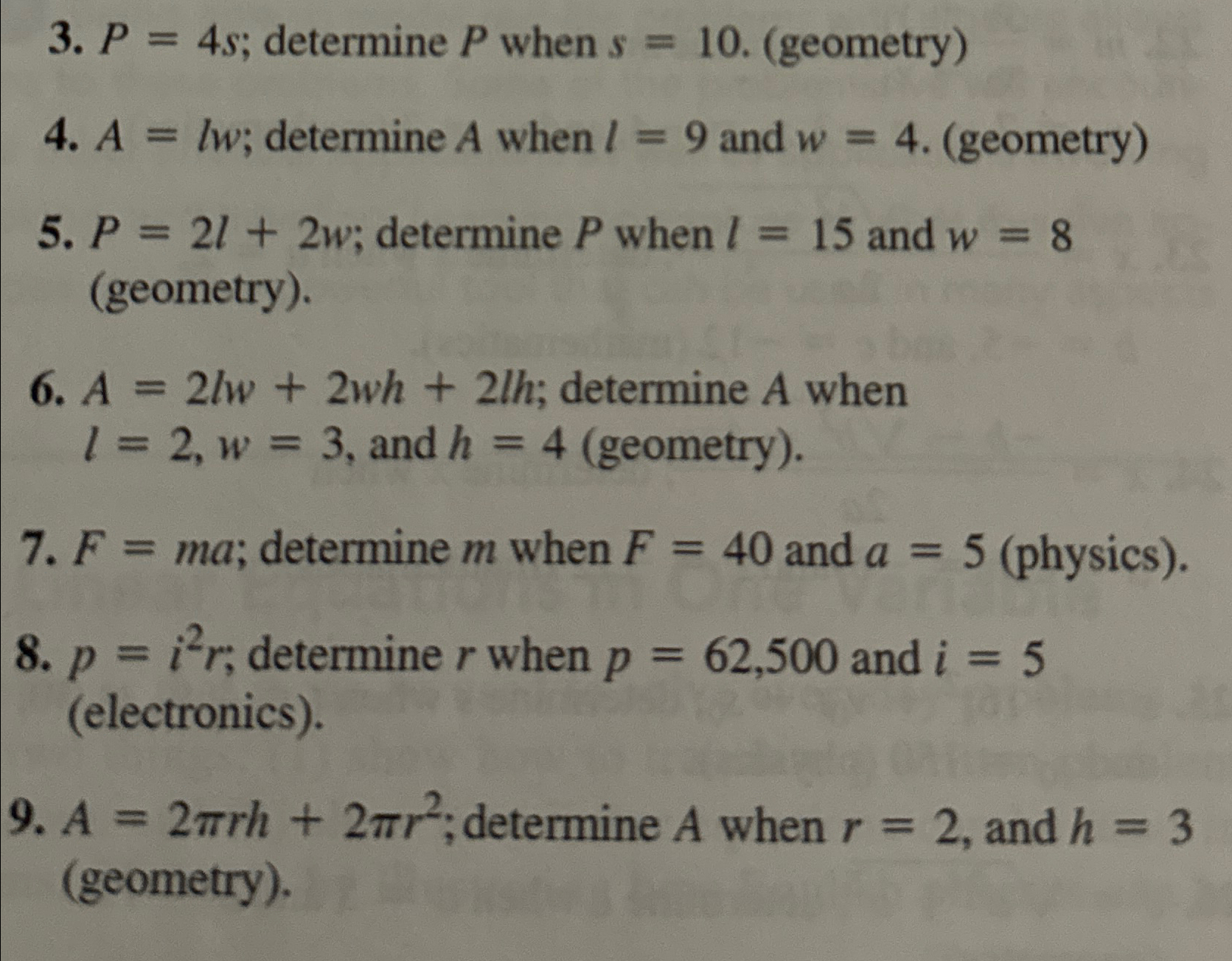 Solved P=4s; determine P ﻿when s=10. (geometry)A=lw; | Chegg.com