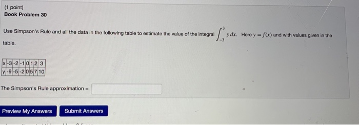 Solved (1 point) Book Problem 30 Use Simpson's Rule and all | Chegg.com