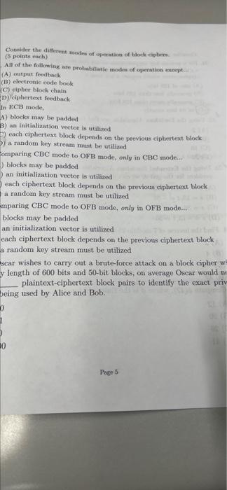 Consider the different modes of operation of bokep (5 | Chegg.com
