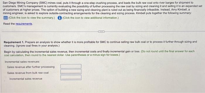 Solved San Diego Mining Company (SMC) mines coal, puts it | Chegg.com