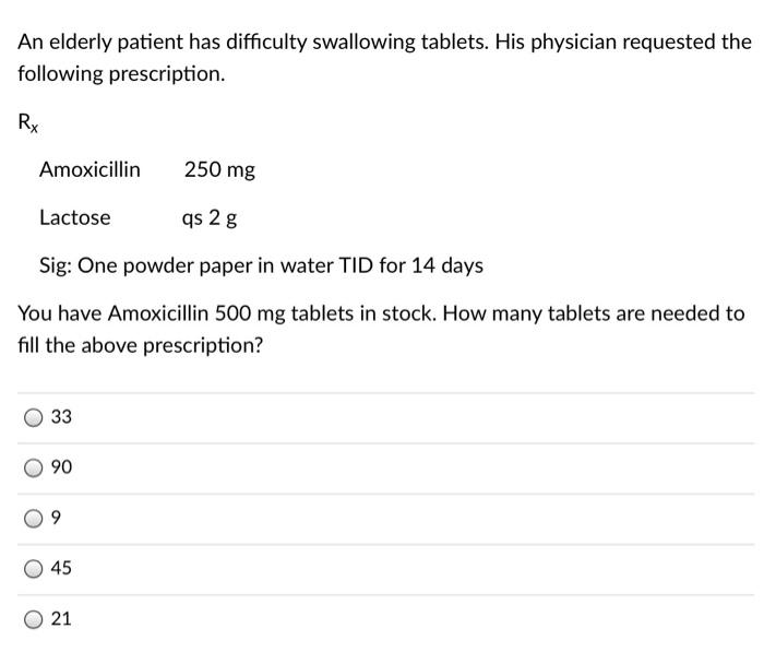 Solved An elderly patient has difficulty swallowing tablets. | Chegg.com