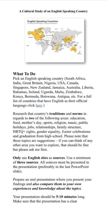 Solved A Cultural Study of an English Speaking Country | Chegg.com