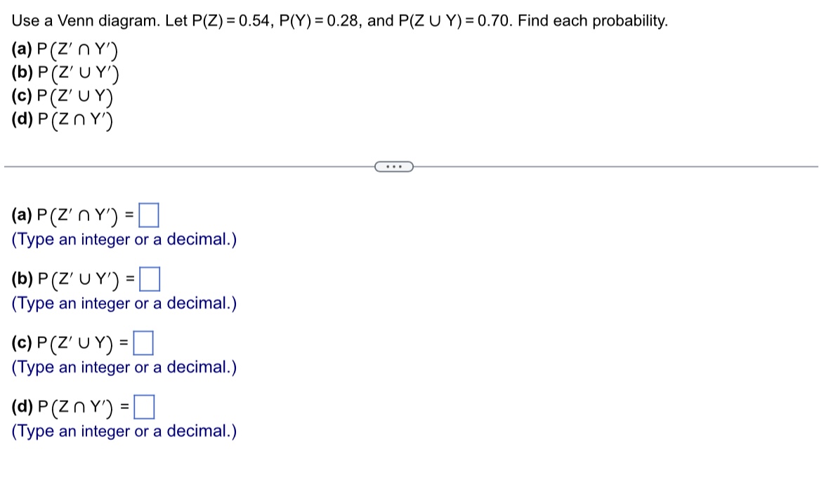 Solved Use a Venn diagram. Let P(Z)=0.54,P(Y)=0.28, ﻿and | Chegg.com