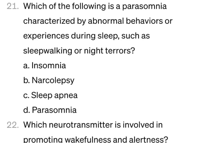 Solved Which of the following is a parasomnia characterized | Chegg.com