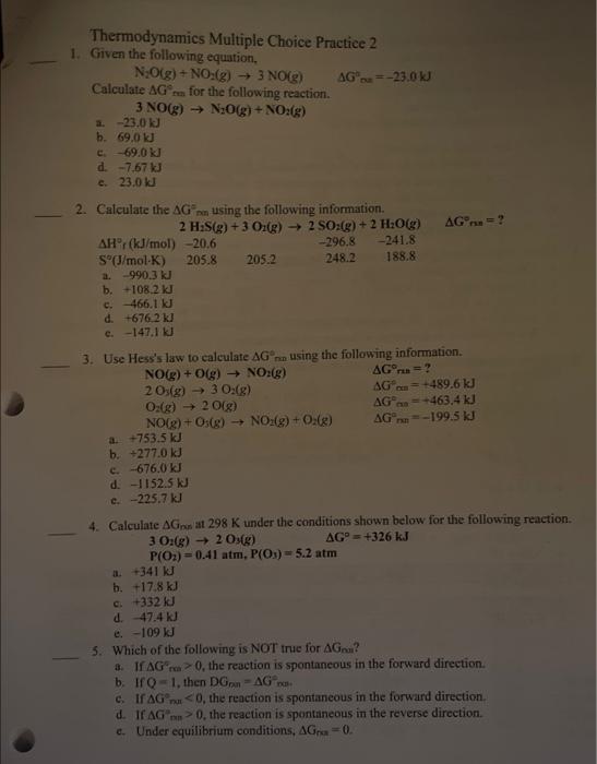 Solved Thermodynamics Multiple Choice Practice 2 1. Given | Chegg.com