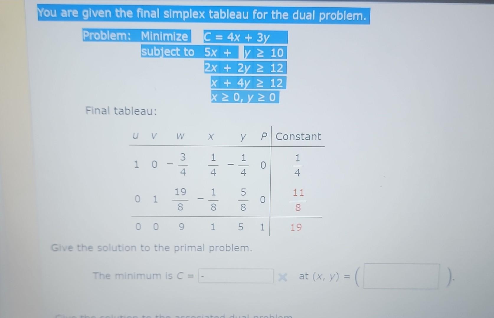 Solved You are given the final simplex tableau for the dual | Chegg.com