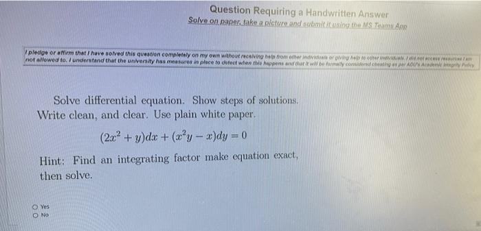 Solved Question Requiring a Handwritten Answer Solve on | Chegg.com