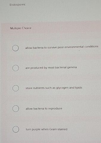 Solved Endospores:Multiple Choiceallow bacteria to survive | Chegg.com