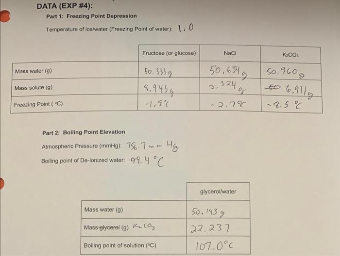 Solved DATA (EXP \#4): Part 1: Freezing Point Depression | Chegg.com