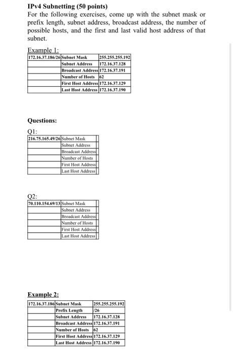 Solved IPv4 Subnetting (50 points) For the following | Chegg.com