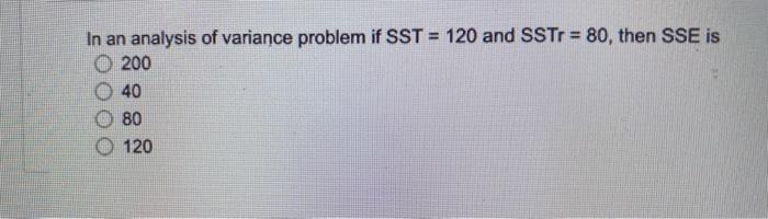 Solved In an analysis of variance problem if SST = 120 and | Chegg.com