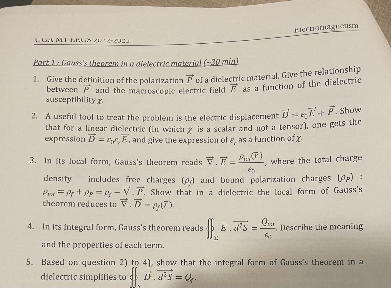 Solved Part 1: Gauss's theorem in a dielectric material | Chegg.com