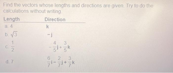 Solved Find the vectors whose lengths and directions are | Chegg.com