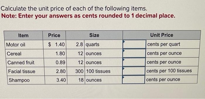 Solved Calculate the unit price of each of the following | Chegg.com