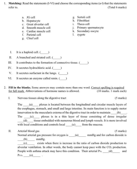 Solved 1. Matching: Read the statements ( I−VI) and choose | Chegg.com