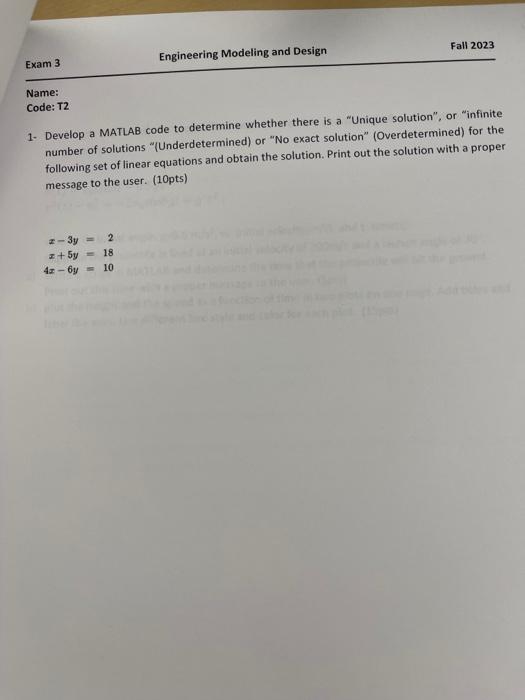 Solved Code: T2 1. Develop a MATLAB code to determine | Chegg.com