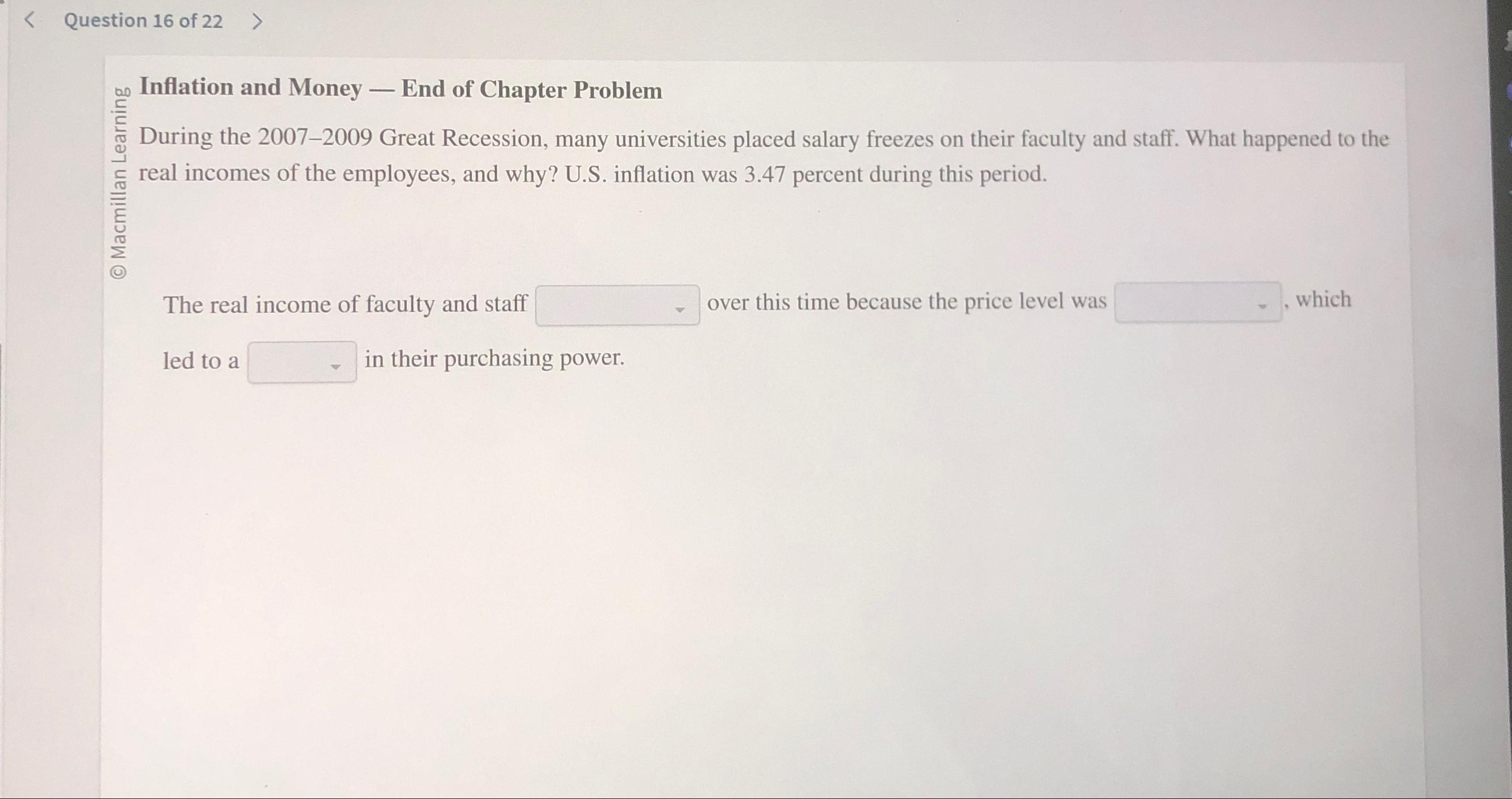 Solved Question 16 ﻿of 22Inflation and Money - ﻿End of | Chegg.com