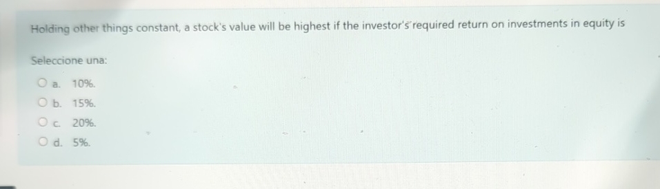 Holding other things constant, a stock's value will | Chegg.com