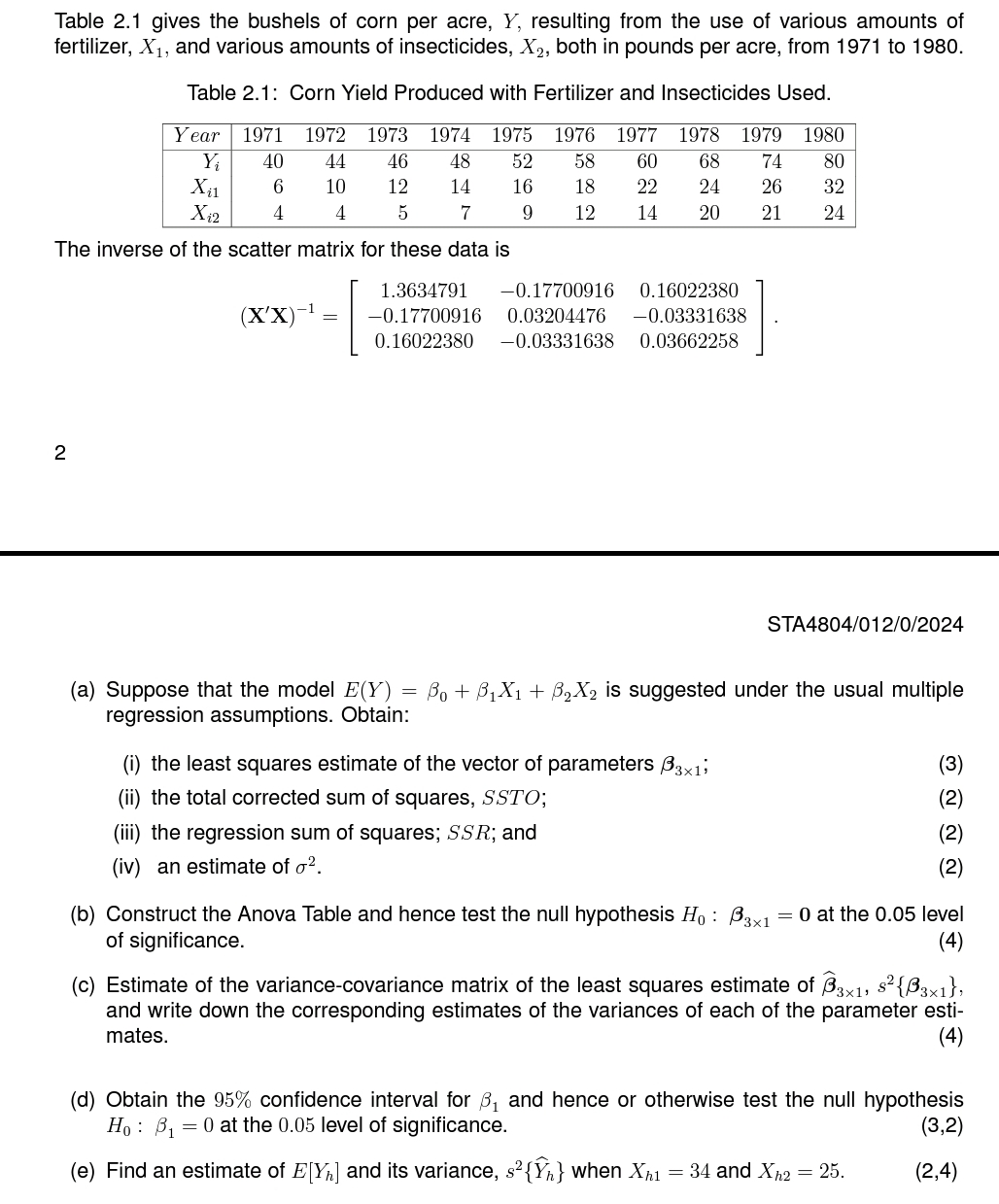 Solved Table 2.1 ﻿gives the bushels of corn per acre, Y, | Chegg.com
