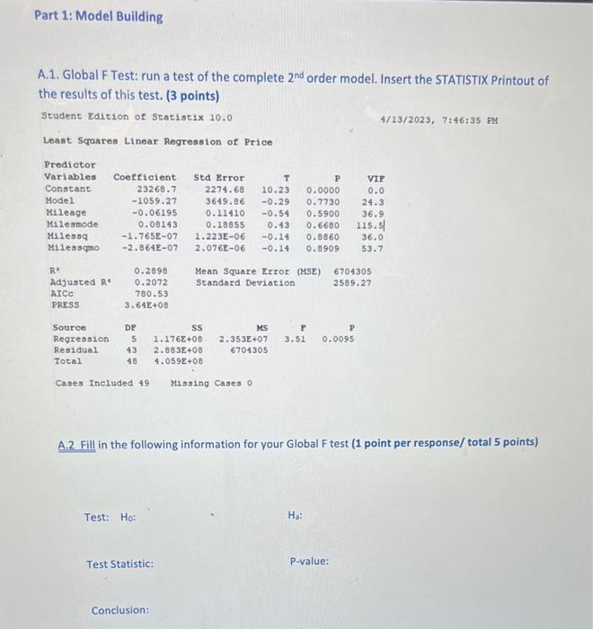 A.1. Global F Test: run a test of the complete 2nd | Chegg.com